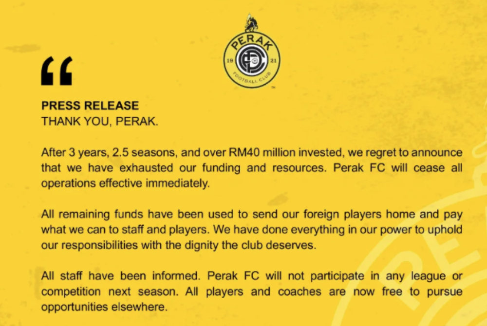 Perak FC suspends all activities, players released - Sinar Daily