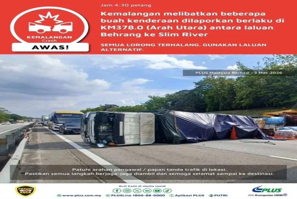 Nahas beberapa kenderaan berat, trafik lebuh raya Behrang-Slim River ...