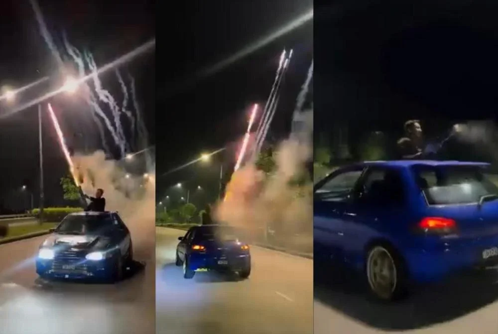 Aksi berani mati! Lelaki main mercun atas kereta bergerak kini diburu ...